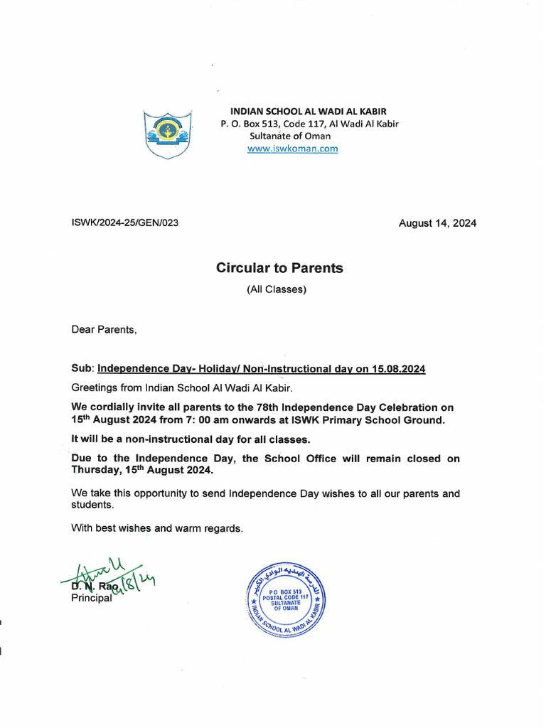 Circular To Parents-78th Independence Day Celebration 2024 | PDF