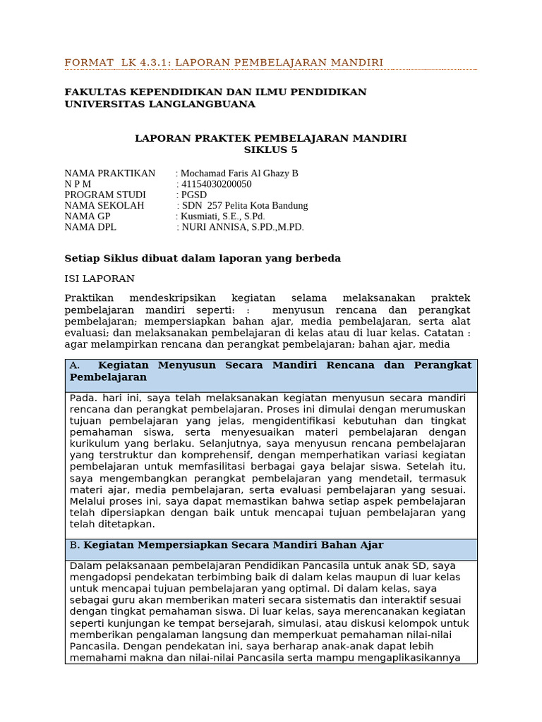 Format LK 4.3.1 Mochamad Faris Al Ghazy B PGSD - Format LK 4.3.1 Laporan Pembelajaran Mandiri ...