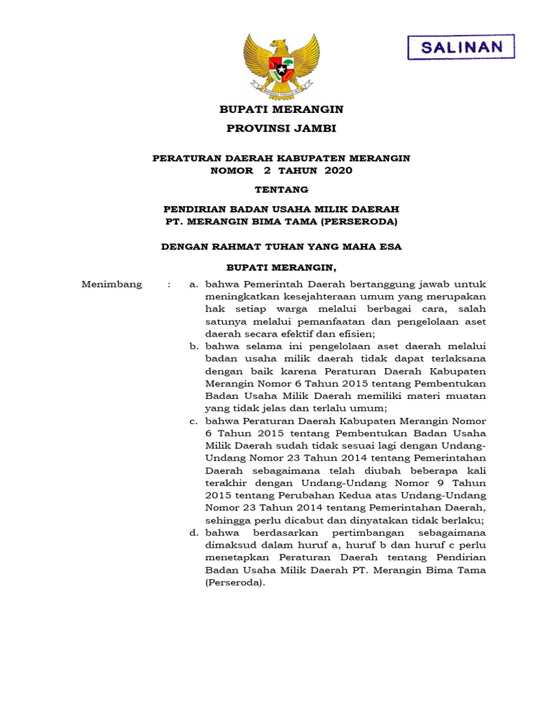 Salinan Perda Nomor 2 Tahun 2020 Tentang Pendirian Bumd Bima Tama | PDF