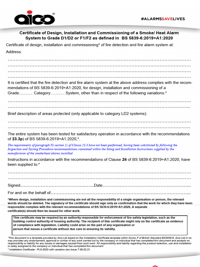 Aico Smoke and Heat Alarm Installation Certificate Issue 7 | PDF