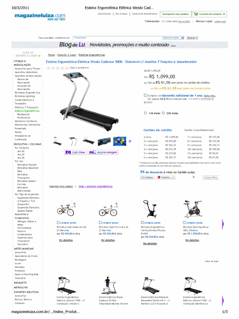 Esteira Ergométrica Elétrica Weslo Cadence 5000 Dobrável C - Monitor 7 ...