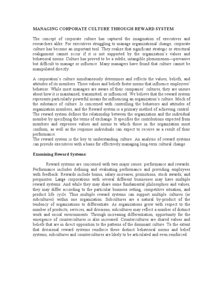 Managing Corporate Culture Through Reward System | PDF | Organizational ...