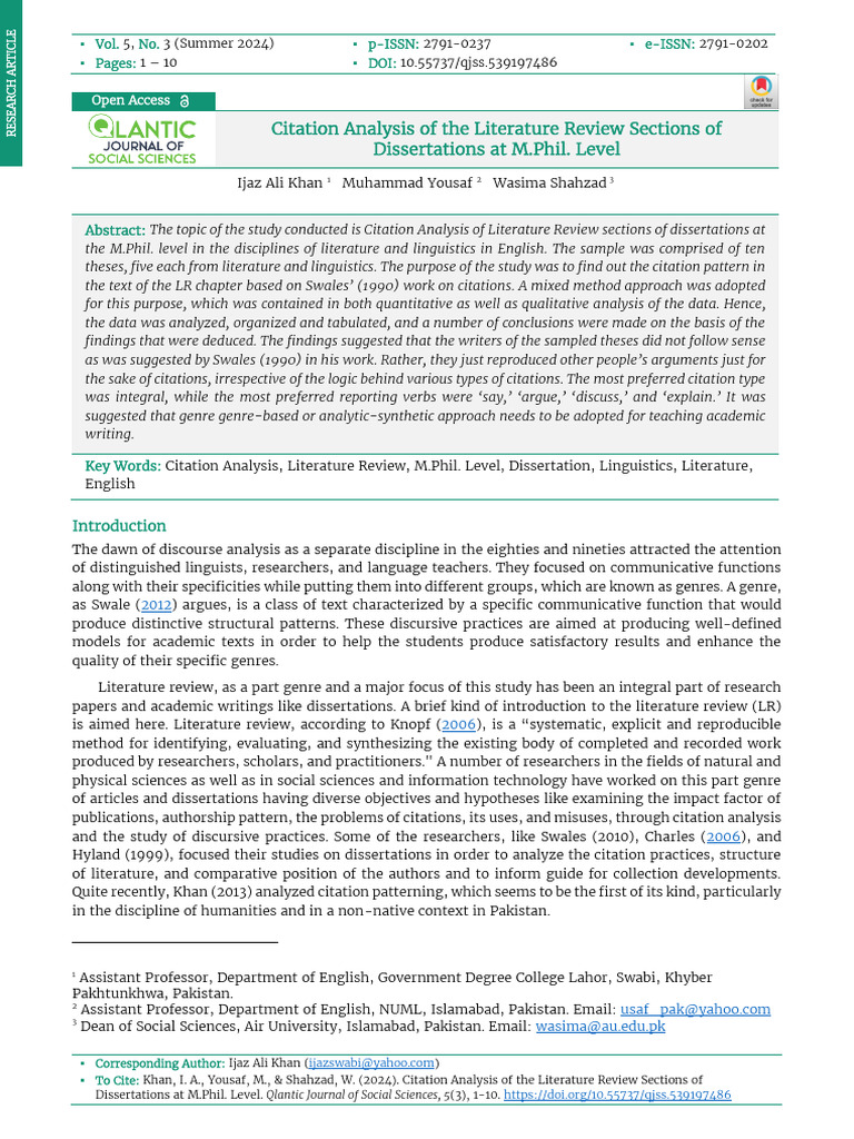 1 Citation Analysis of The Literature - Ijaz Ali Khan | PDF | Thesis | Social Science