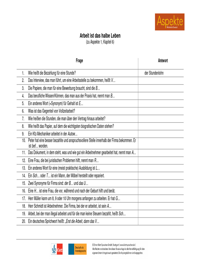 Aspekte1 Kapitel6 Arbeit Ist Das Halbe Leben | PDF