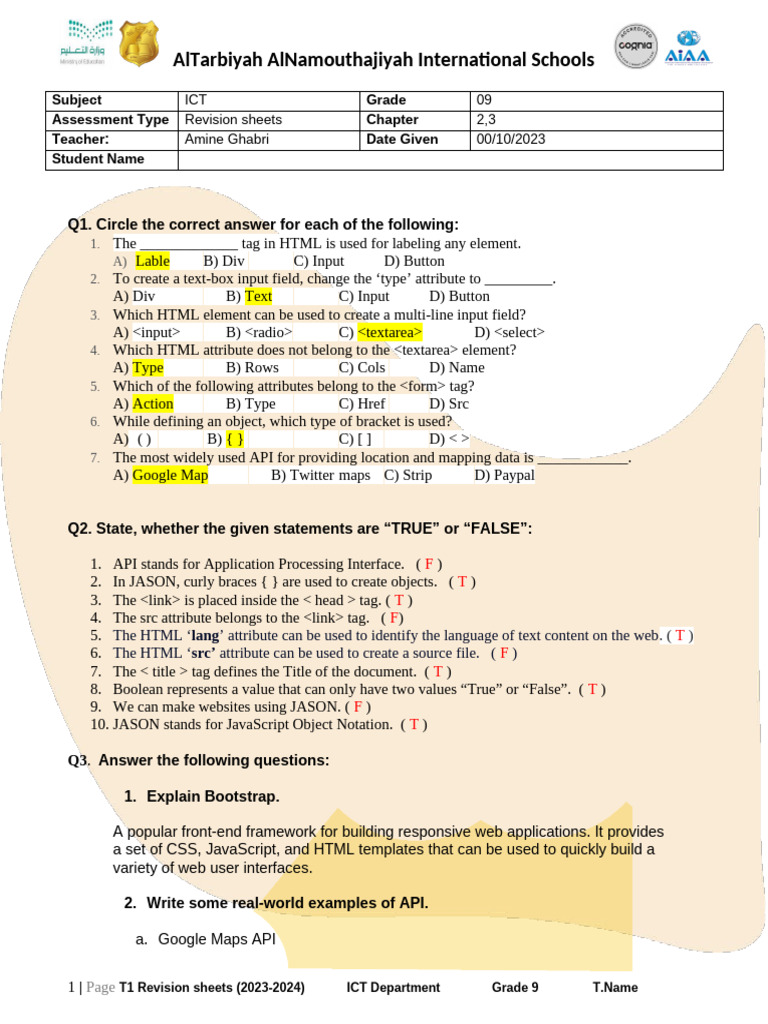 T1 Revision Sheet AK | PDF