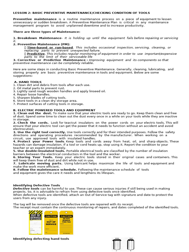 Lesson 2 Preventive Maintenance and Checking Condition of Tools | PDF