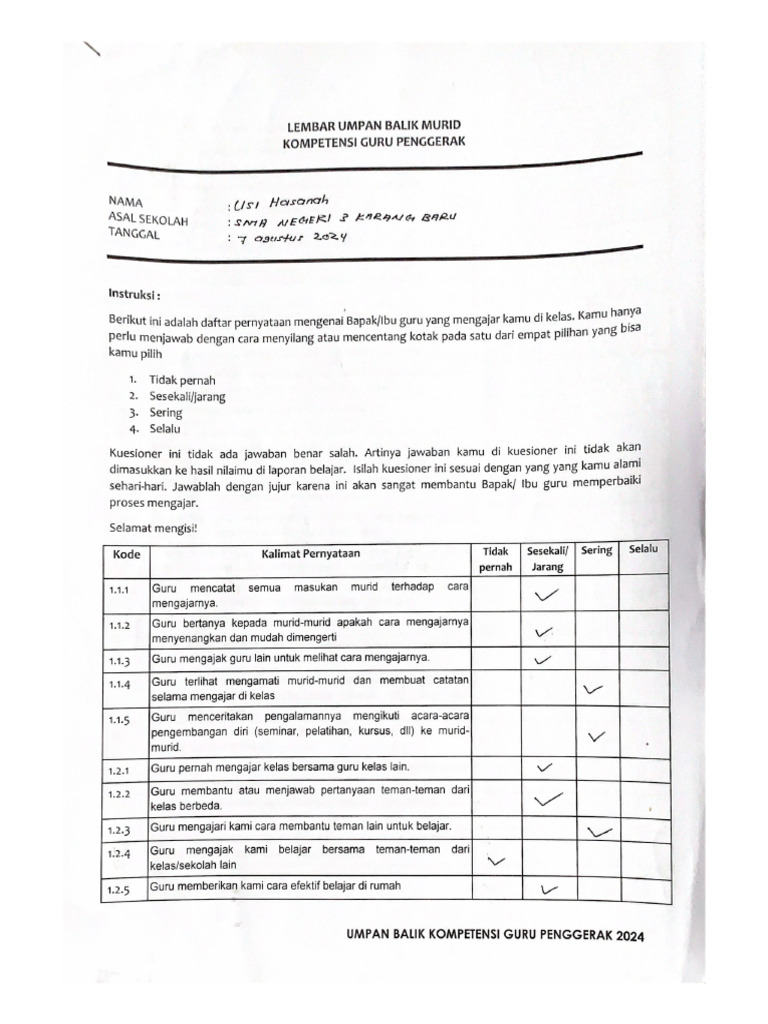 Lembar Umpan Balik Murid (Usi) | PDF