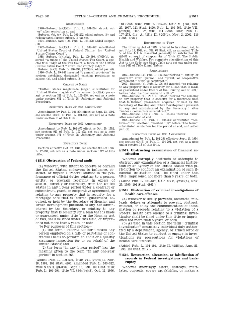18 USC Sec.-1519 Impeding Investigation Failure To Record Documents | PDF