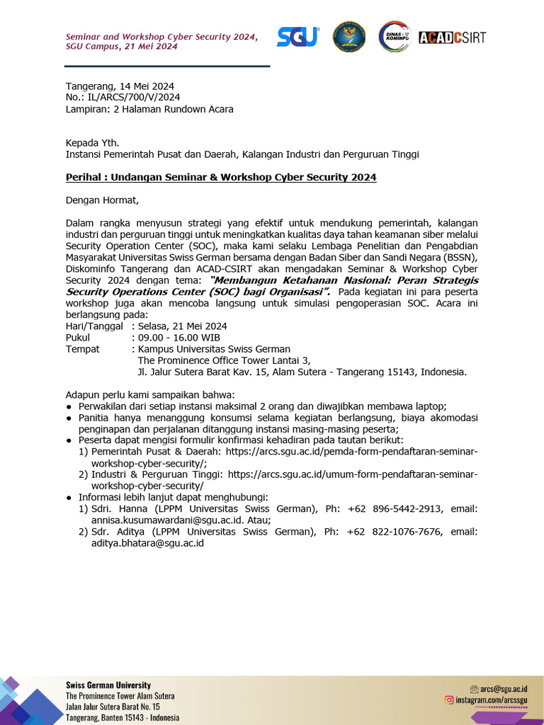 Surat Undangan Seminar Dan Workshop SOC 21 Mei 2024 - SGU BSSN Diskominfo ACAD CSIRT | PDF