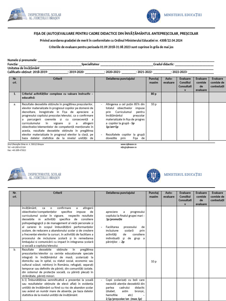 Fisa - (Auto) Evaluare Gradatie Merit Cadre - Didactice Invatamant ...