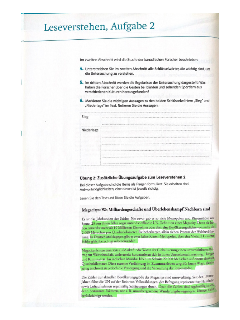 Leseverstehen, Aufgabe 2, Megacitys | PDF