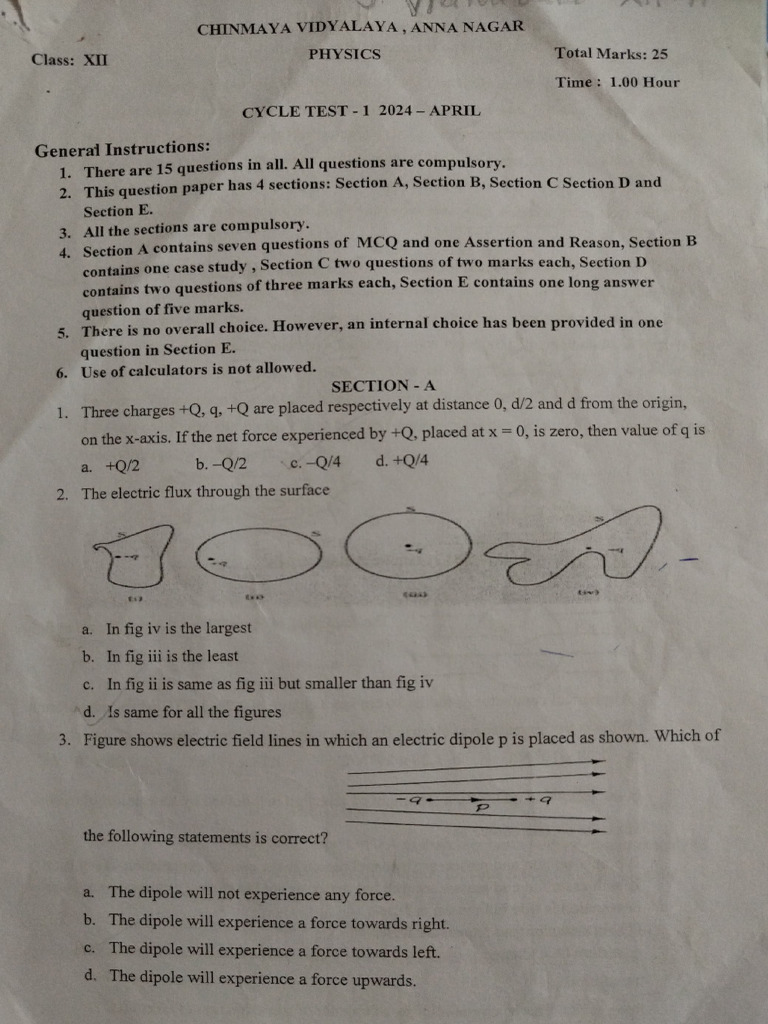 XII CVA Cycle Test - 1 Phy | PDF