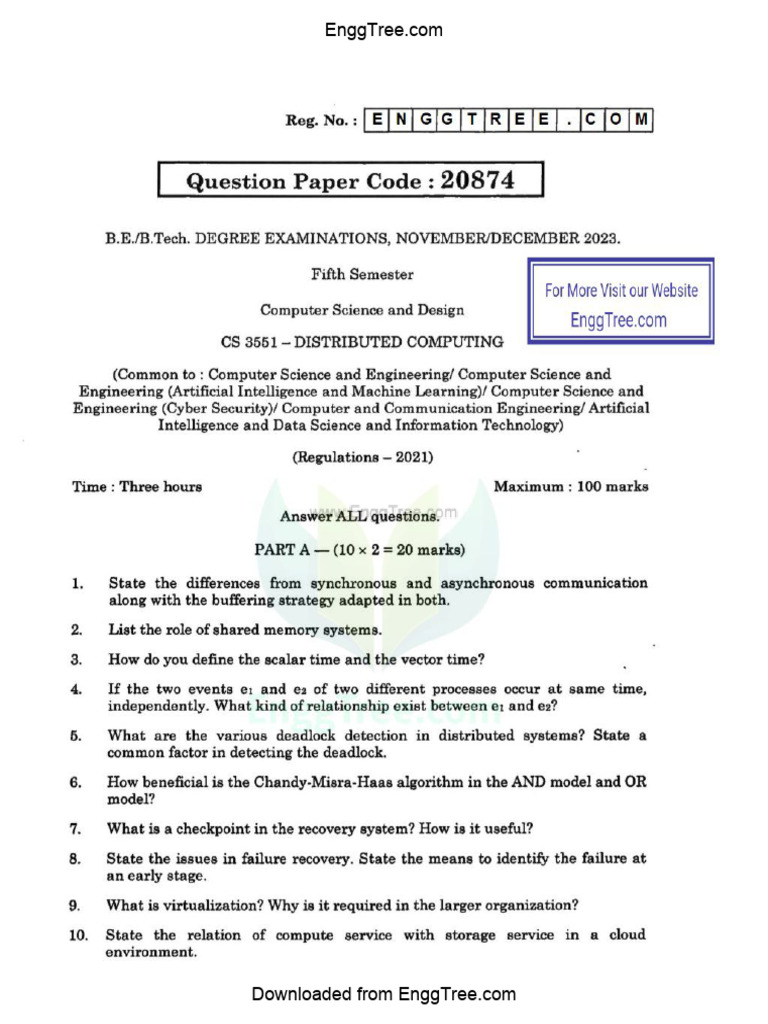 CS3551 Distributed Computing Nov Dec 2023 Question Paper Download | PDF