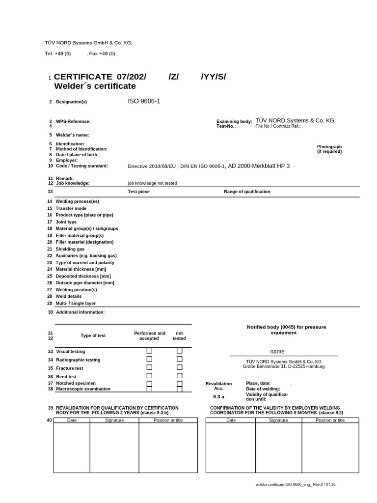 Welder Certificate ISO 9606 Eng | PDF