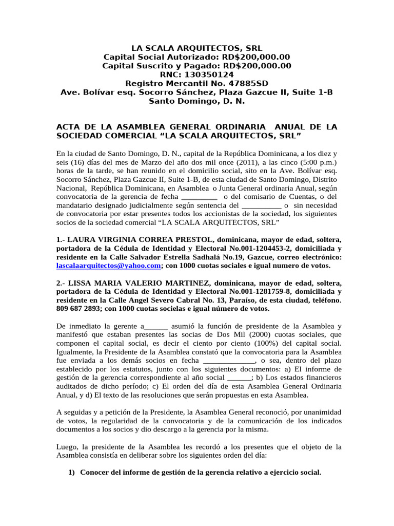 Modelo Acta Asamblea Gral Ordinaria Anual Srl. | PDF