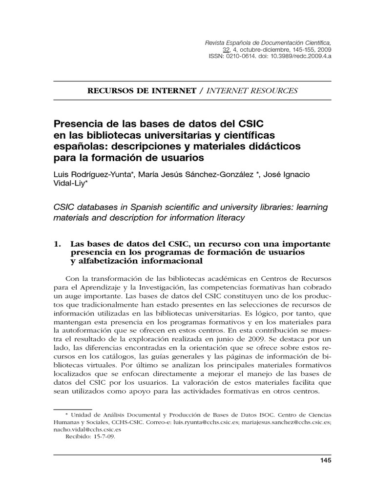 Presencia de Las Bases de Datos Del CSIC en Las Bibliotecas Universitarias y Científicas ...