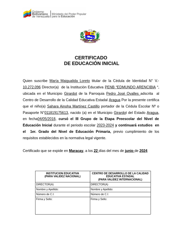 Certificado de Educación Inicial Original | PDF