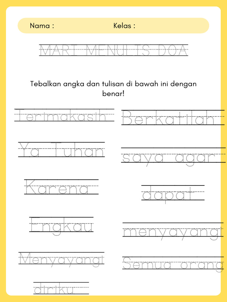 Belajar Menulis Menebalkan Angka 1-10 Lembar Kerja Kuning Sederhana | PDF