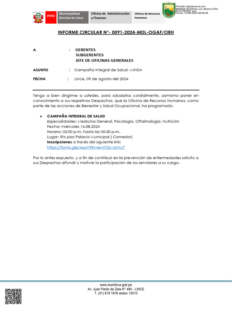 I Informe Circular N 00091-2024-Mdl-Ogaf-Orh | PDF