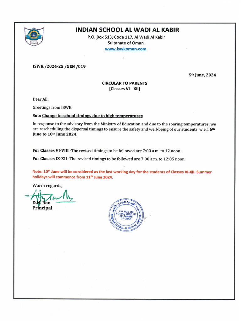 Circular To Parents-Revised Timings of Early Dispersal and Update On Summer Vacations-Classes VI ...