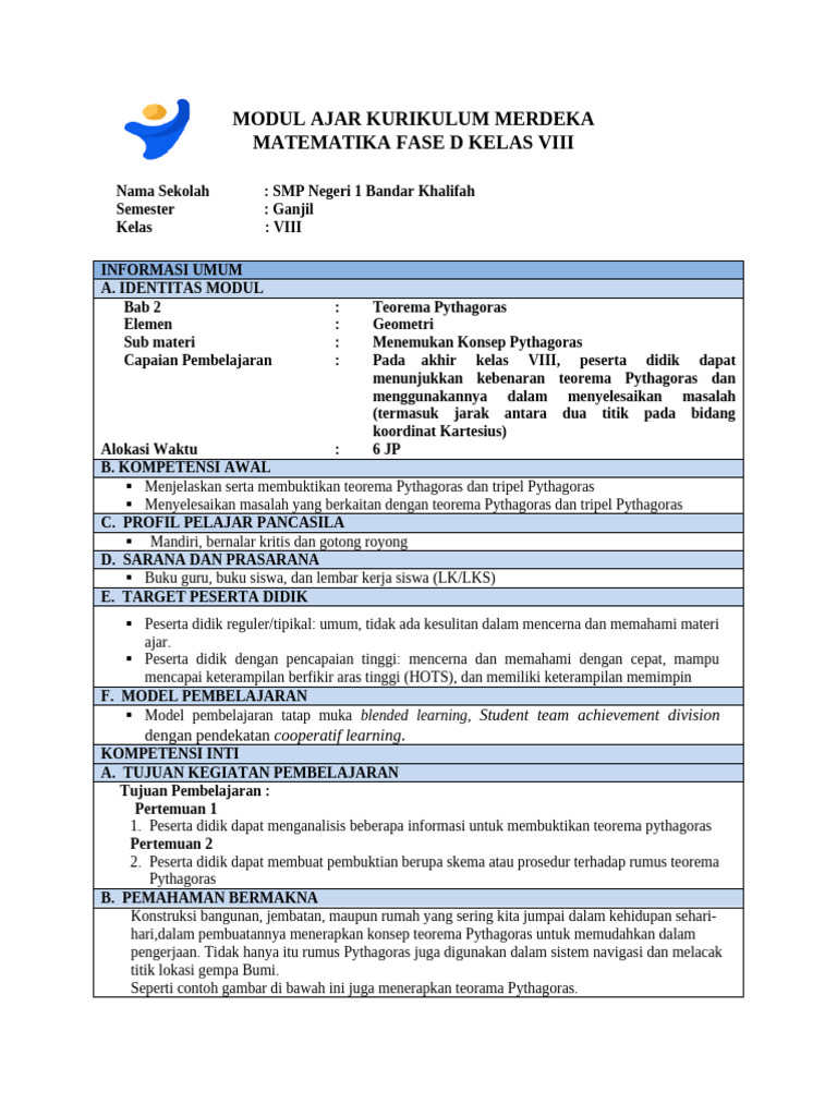 Modul Ajar Bab 2 MTK Kelas 8 | PDF