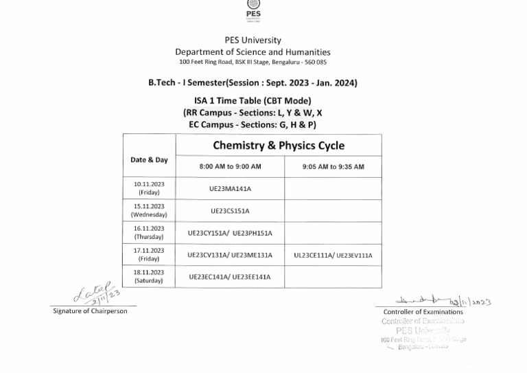 ISA1 Timetable - B Tech I Sem (Batch 2) | PDF