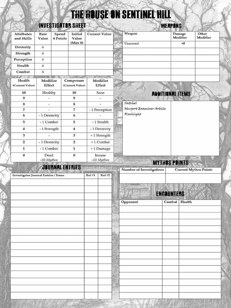 House Sentinel Hill Investigator Sheet | PDF