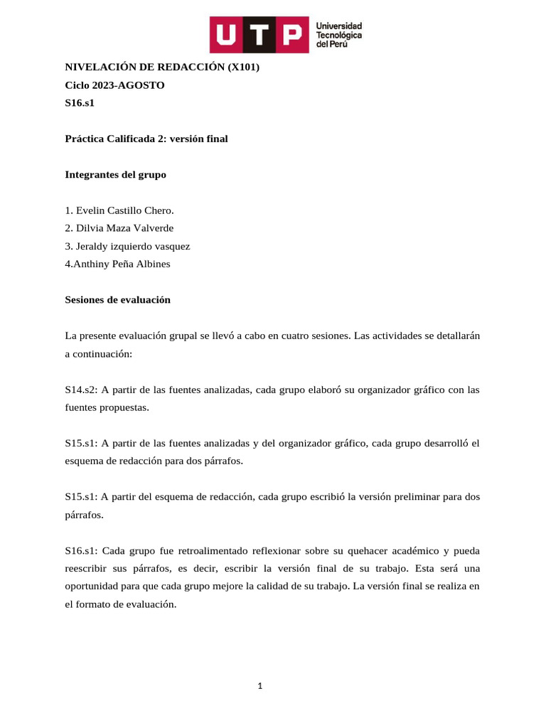 S16.s1 - Práctica Calificada 2. Versión Final | PDF