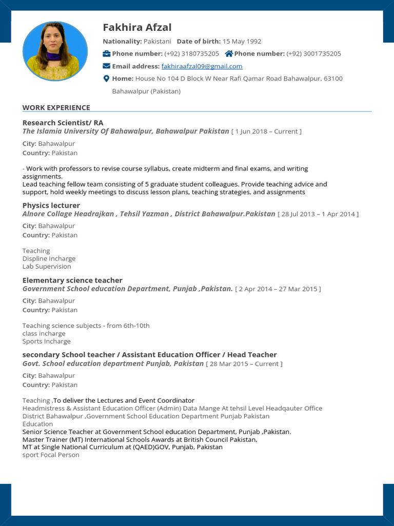 WirOmRNtSLGXXrPt4i7M - CV - Mrs Fakhira Afzal | PDF