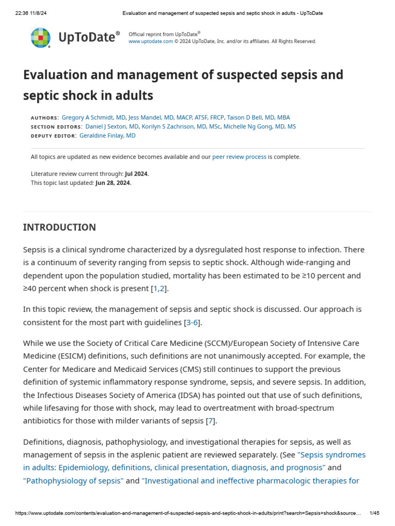 Evaluation and Management of Suspected Sepsis and Septic Shock in ...