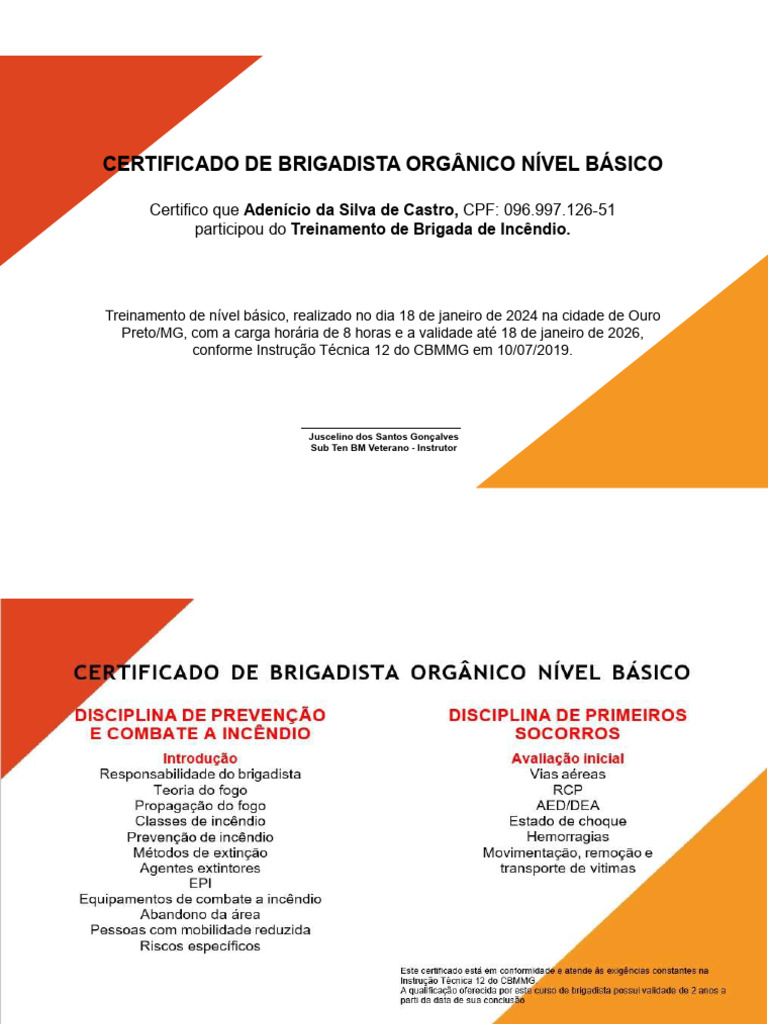 Certificados Brigadista Orgânico Nível Basico | PDF