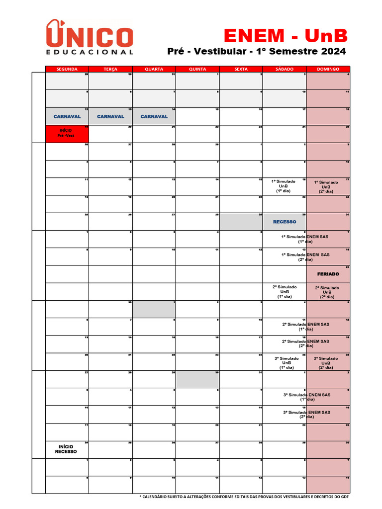 Calendário Ún1co Pré 2024 | PDF