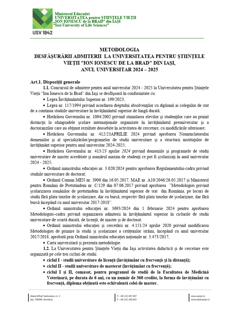 Metodologie Admitere - 2024 2025 | PDF