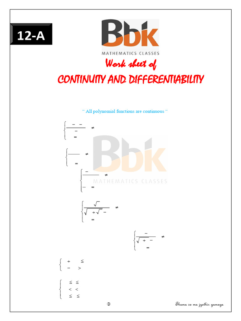 12-Worksheet of Continuity and Differentiablity-2022-23 | PDF