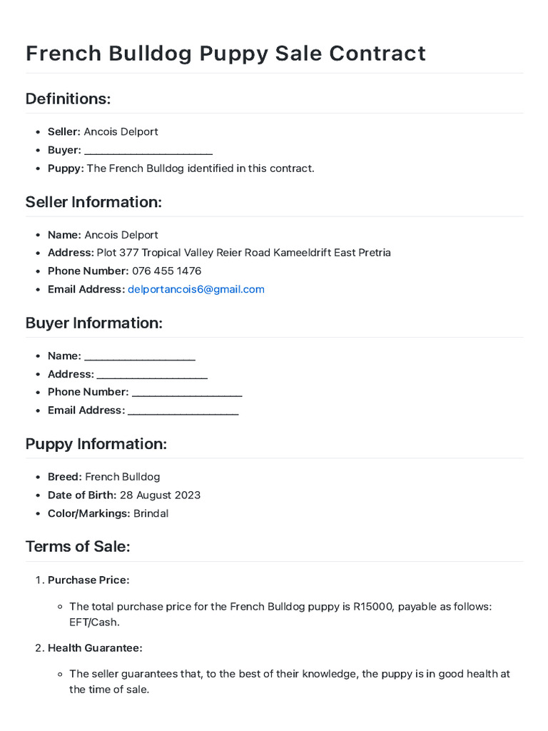 French Bulldog Puppy Sale Contract | PDF | Indemnity | Private Law