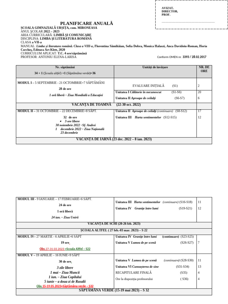 Planificare Anuală: VACANȚA DE TOAMNĂ (22-30 Oct. 2022) | PDF