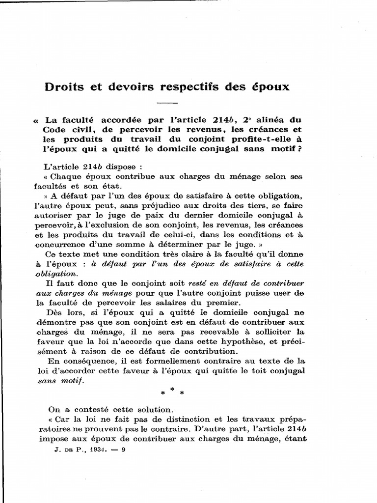 Droits Et Devoirs Respectifs Des Époux: La Faculté Accordée Par L'article 2° Alinéa Du | PDF