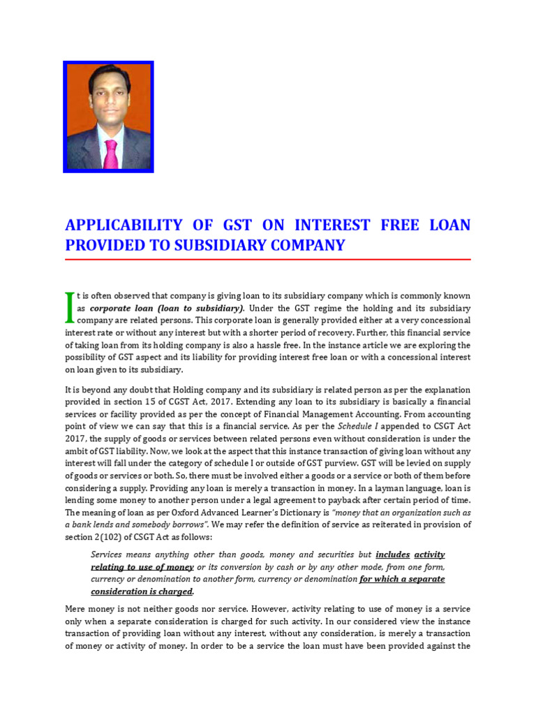 Applicability of GST On Interest Free Loan Provided To Subsidiary ...
