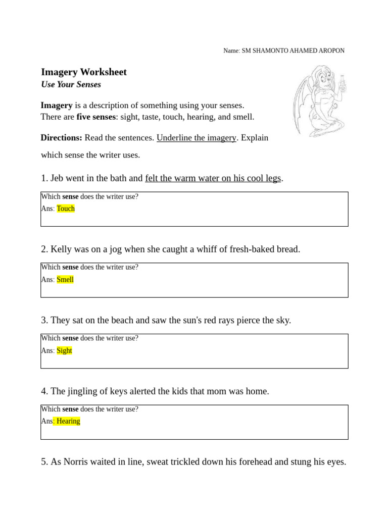 Imagery-Worksheet Grade-7 | PDF