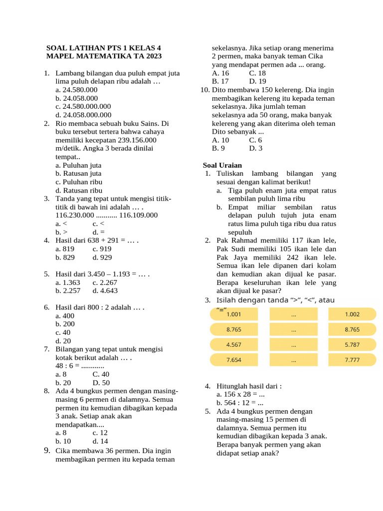 Soal Latihan PTS 1 Kelas 4 Mapel Matematika Ta 2023 | PDF