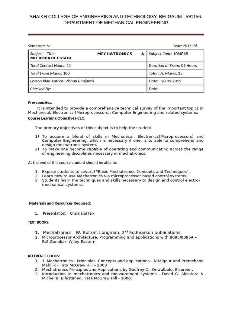 Mechatronics N Microprocessor LP | PDF
