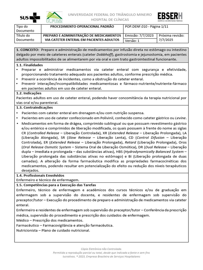 Procedimento Operacional Padrao Pop Servico de Enfermagem Eerp Usp | PDF