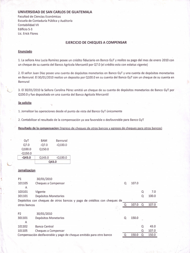 Ejercicios Contabilidad VII Cheques A Compensar | PDF | Servicios ...