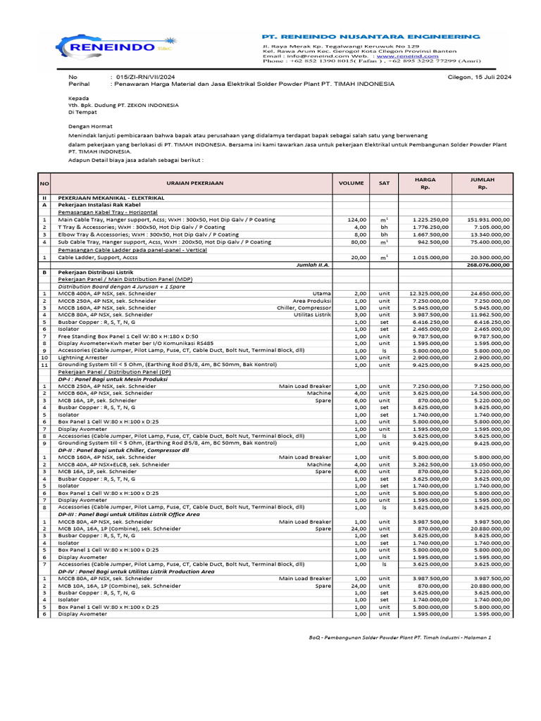 Summary Quotation Material Dan Jasa Mekanikal Elektrikal Pt. Zekon Indonesia | PDF