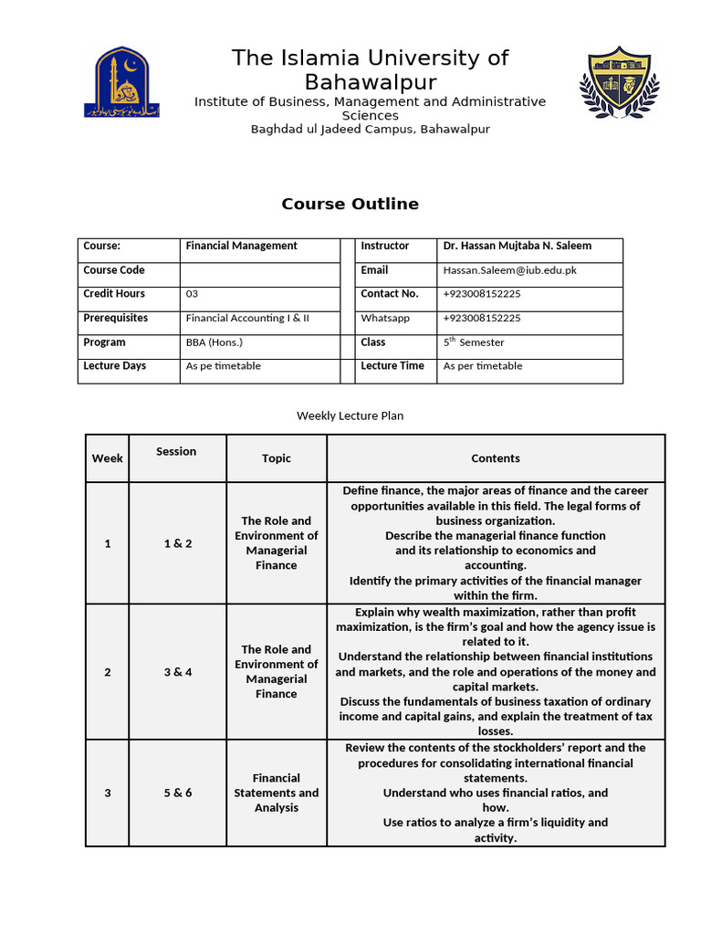 Financial Management Course Outline BBA | PDF