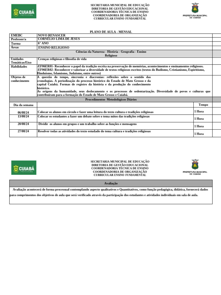 Plano Mensal en - Religioso 6ano | PDF | Religiones religiosas