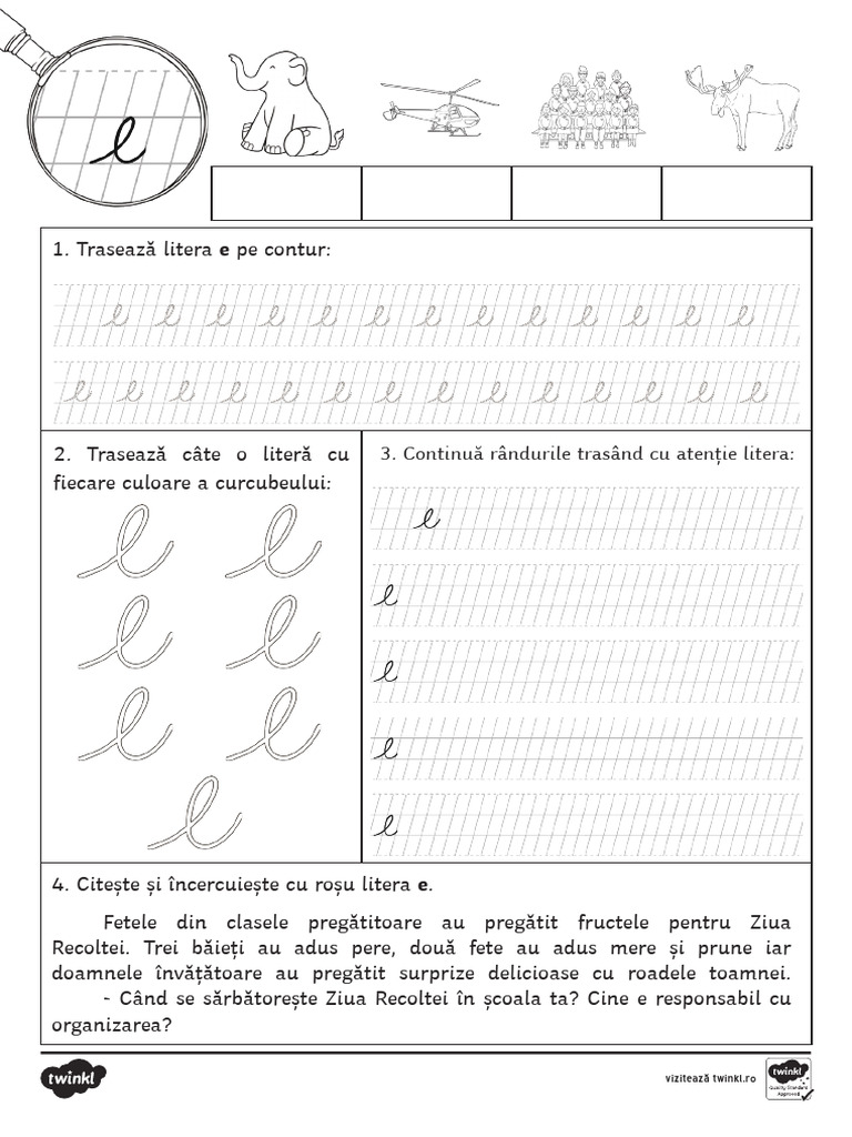 Litera e - Fisa Pentru Trasarea Literei Mici de Mana | PDF