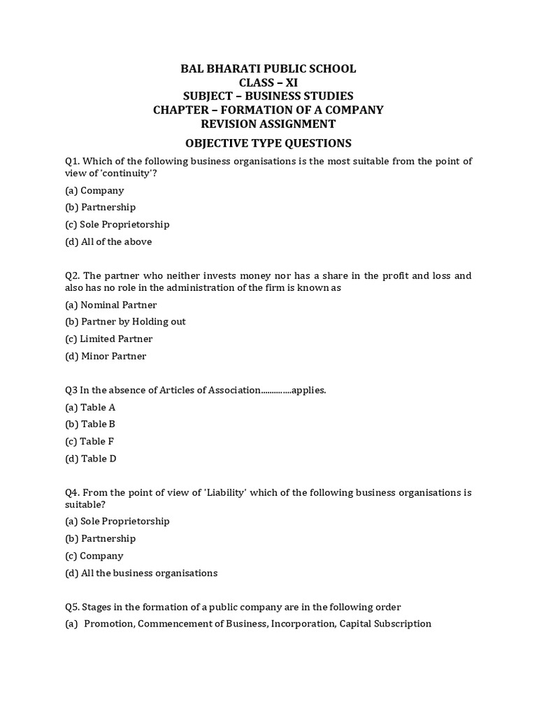 Revision Assignment - XI - Forms of Business Organisation | PDF ...