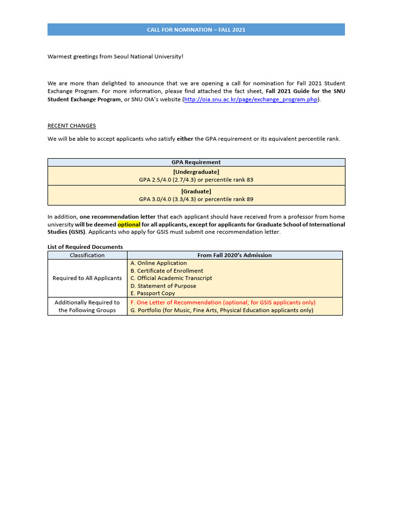 (General Guide) SNU Student Exchange Program Call For Nomination - Fall ...