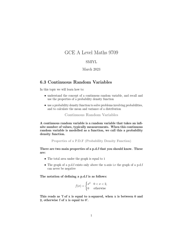 GCE A Level Continuous Random Variables | PDF